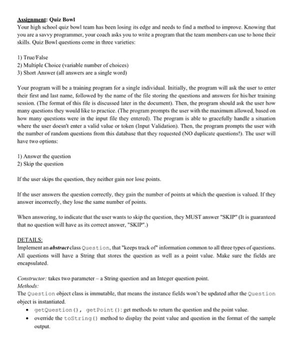 Solved Assignment: Quiz Bowl Your high school quiz bowl team | Chegg.com