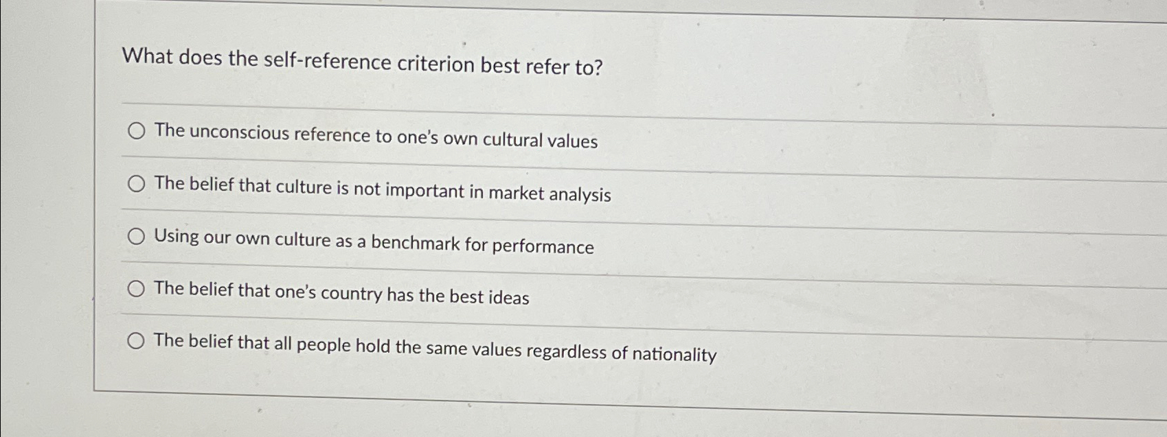 Solved What does the self-reference criterion best refer | Chegg.com