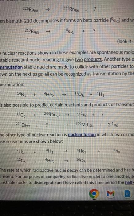Solved 226Ra88→222Rn86+? en bismuth-210 decomposes it forms | Chegg.com