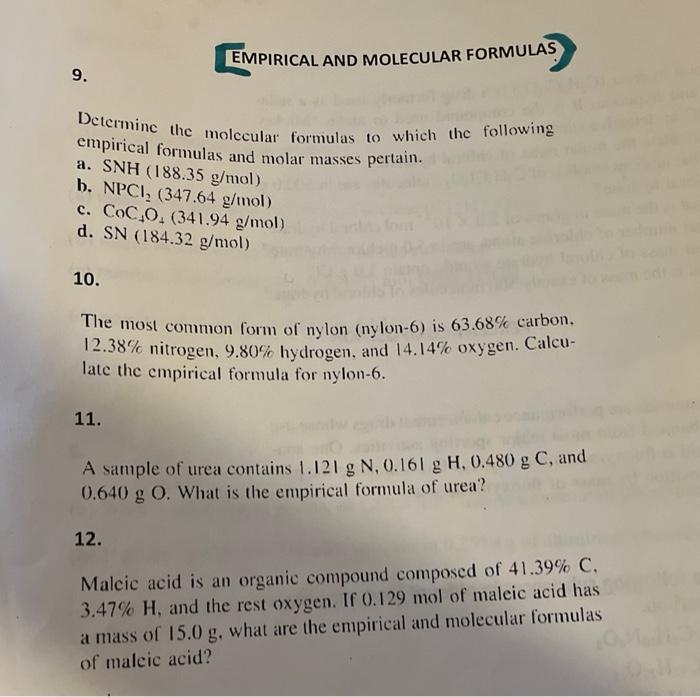 Solved 9. EMPIRICAL AND MOLECULAR FORMULAS Determine the | Chegg.com
