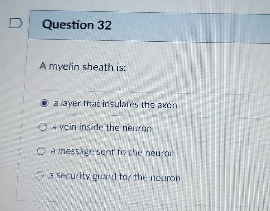 Solved Question 32A myelin sheath is:a layer that insulates | Chegg.com