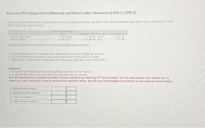 Solved Exercise 10-6 (Algo) Direct Materials and Direct | Chegg.com
