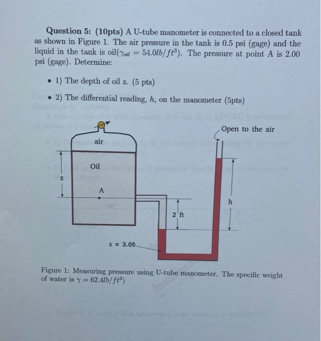 Solved Question 5: (10pts) A U-tube manometer is connected | Chegg.com