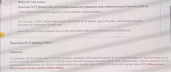 Solved Required information Exercise 9-17 (Static) Record | Chegg.com