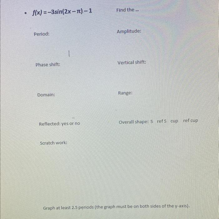 Solved f(x)=−3sin(2x−π)−1 Find the ... Period: Amplitude: | Chegg.com