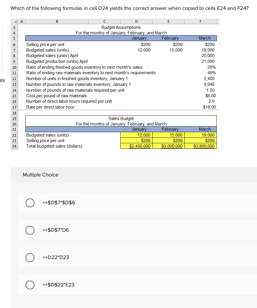 Solved Which of the following formulas in cell D24 ﻿yields | Chegg.com