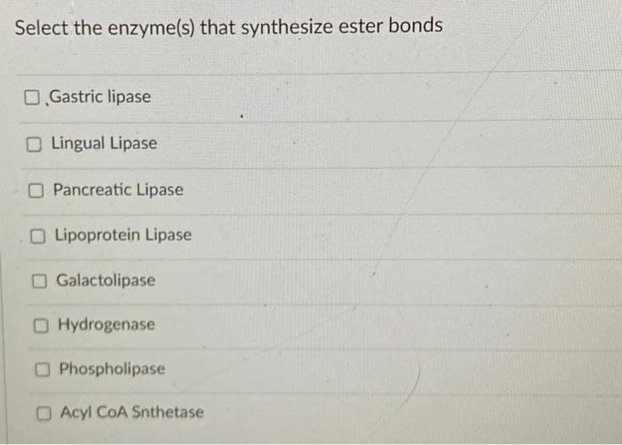 Solved Select the enzyme(s) that synthesize ester bonds | Chegg.com