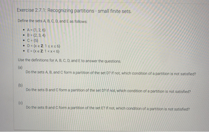 Solved Exercise 2.7.1: Recognizing partitions - small finite | Chegg.com