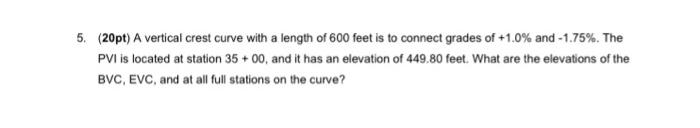 Solved (20pt) A vertical crest curve with a length of 600 | Chegg.com