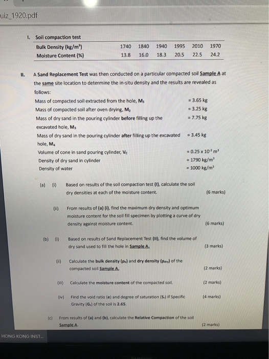 Solved uiz_1920.pdf 1. Soil compaction test Bulk Density | Chegg.com