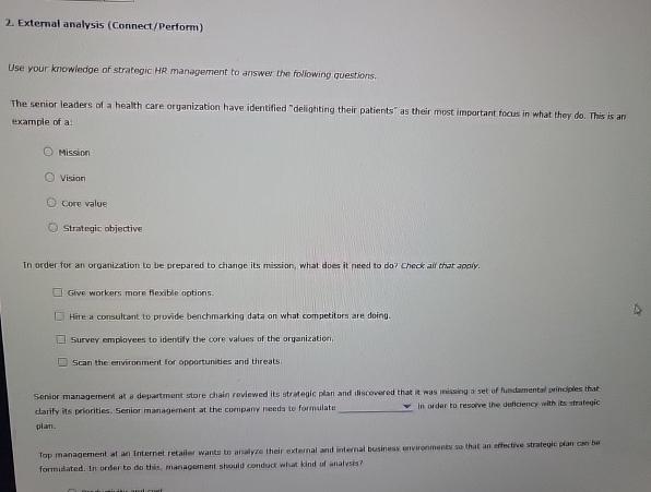 Solved External analysis (Connect/Perform)Use vour knowiedge | Chegg.com