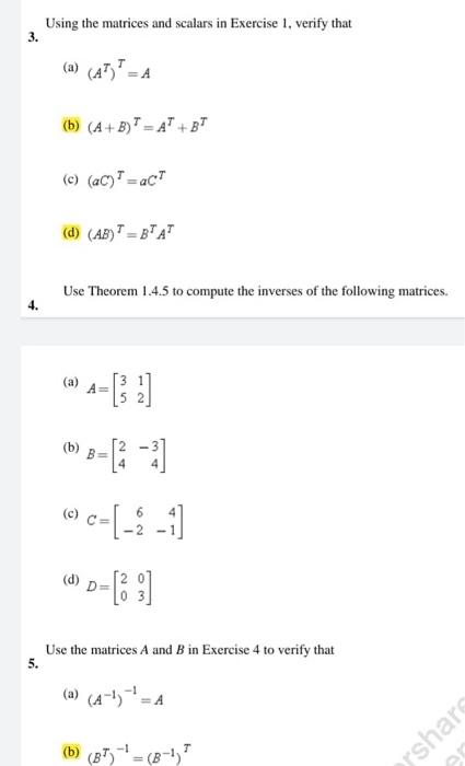 Solved Using the matrices and scalars in Exercise 1, verify | Chegg.com