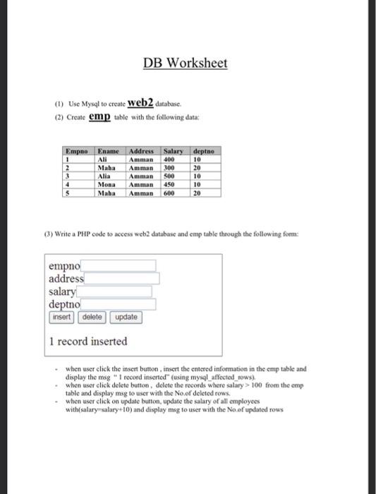 Solved DB Worksheet (1) Use Mysql to create web2 database. | Chegg.com