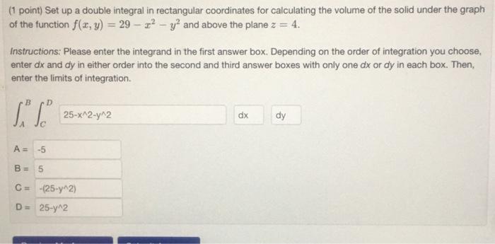 Solved (1 point) Set up a double integral in rectangular | Chegg.com