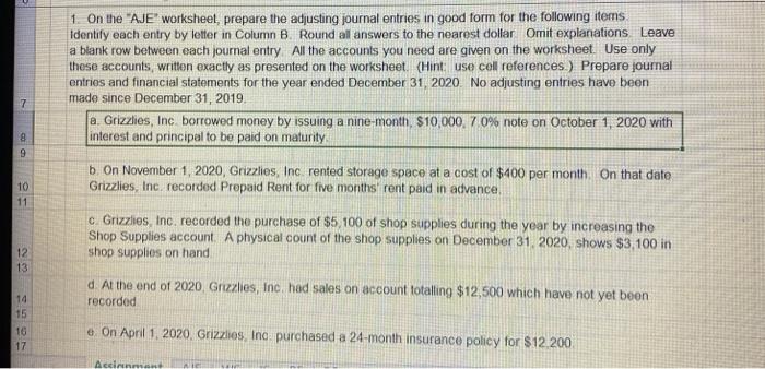 Solved 1. On the "AJE" worksheet, prepare the adjusting | Chegg.com