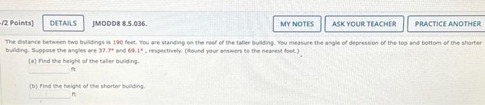 Solved The distance between two buildings is 190 feet. You | Chegg.com