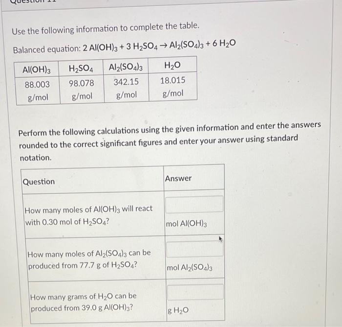 Solved Balanced equation: 2Al(OH)3+3H2SO4→Al2(SO4)3+6H2O | Chegg.com