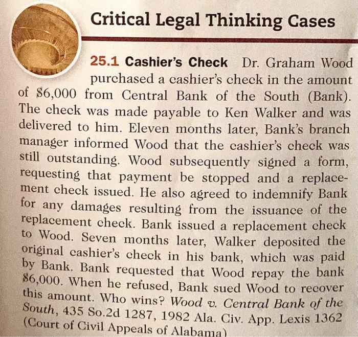 Solved 25.1 Cashier's Check Dr. Graham Wood purchased a | Chegg.com