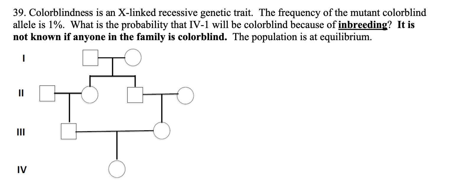Solved 39. ﻿Colorblindness is an X-linked recessive genetic | Chegg.com