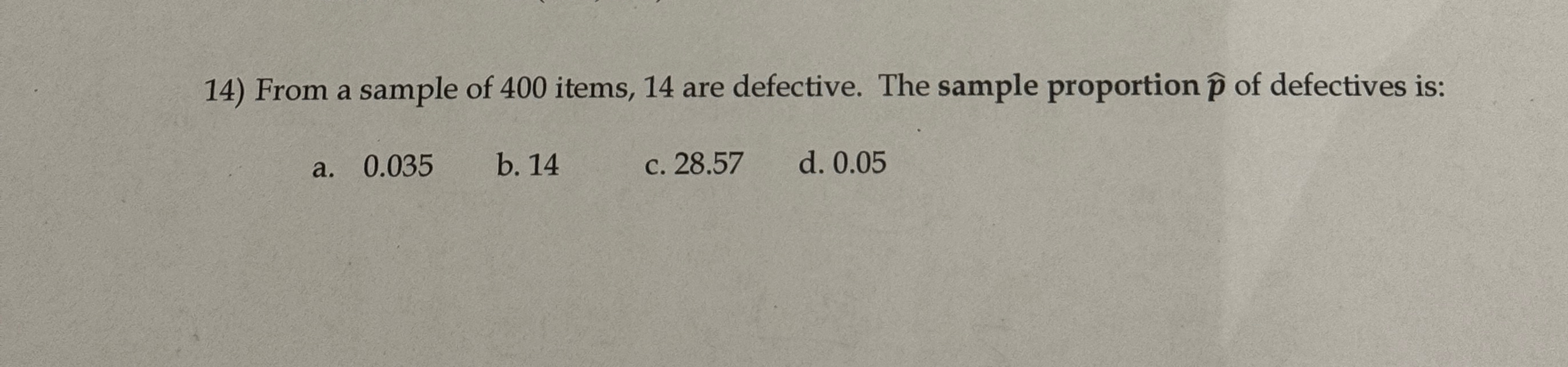 Solved From a sample of 400 ﻿items, 14 ﻿are defective. The | Chegg.com