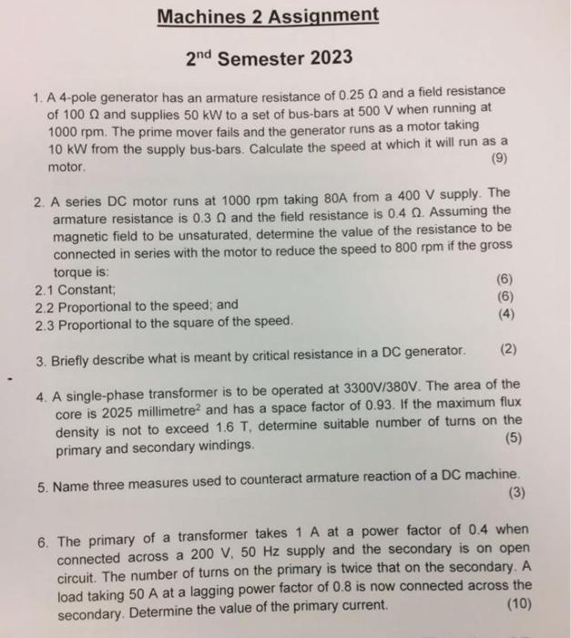 Solved Machines 2 Assignment 2nd Semester 2023 1. A 4-pole | Chegg.com