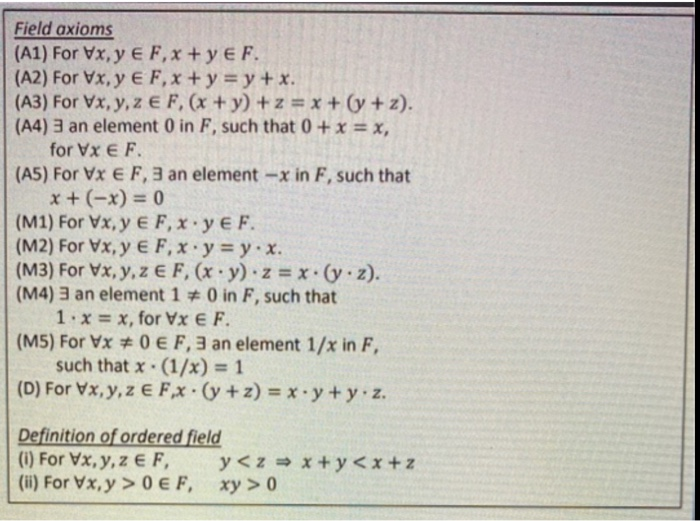 Solved Field axioms (A1) For Vx,y e F,x + y EF. (A2) For | Chegg.com
