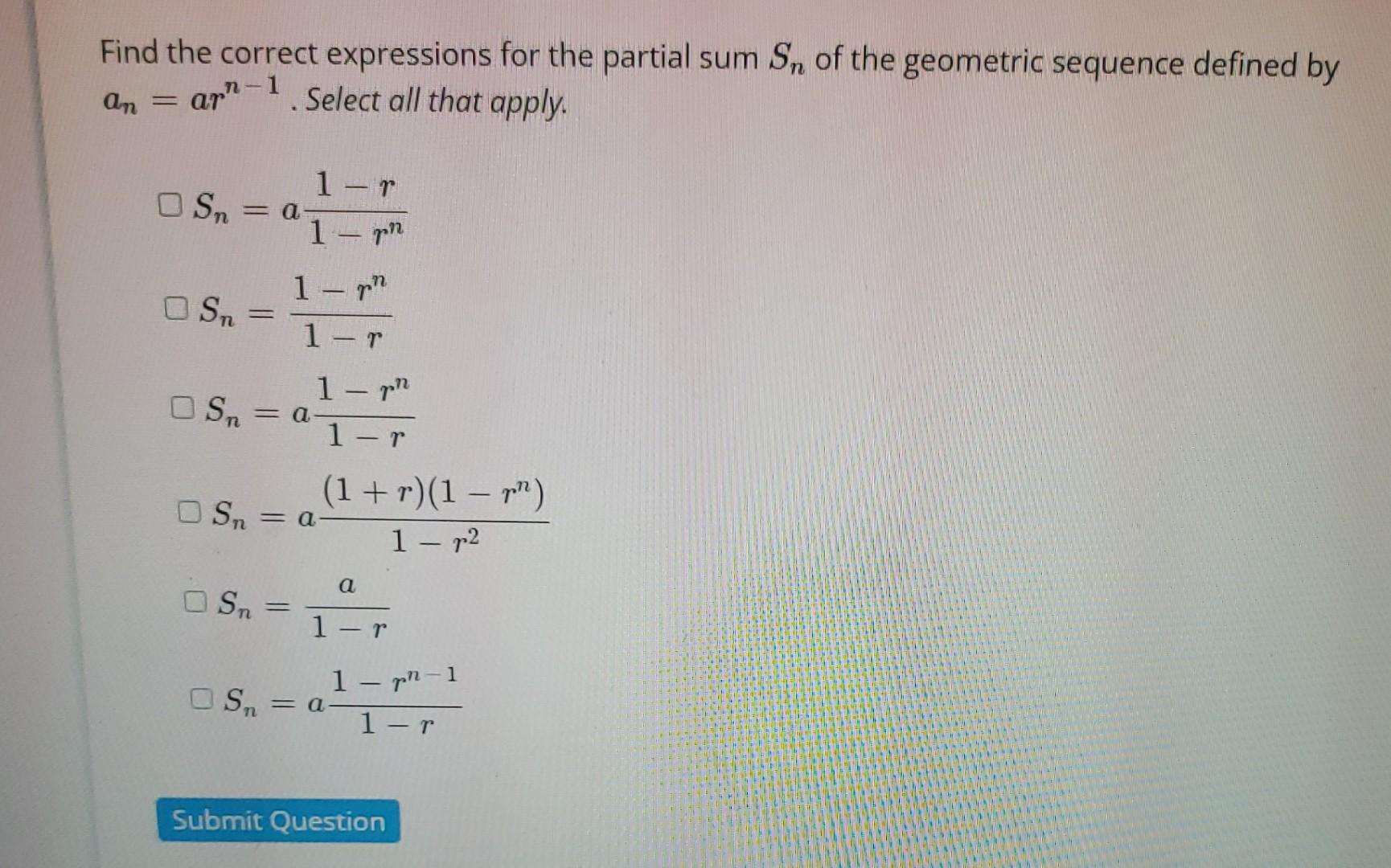 Solved Find the correct expressions for the partial sum Sn | Chegg.com