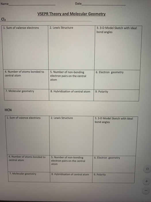 Solved Name Date VSEPR Theory and Molecular Geometry Cl2 1. | Chegg.com
