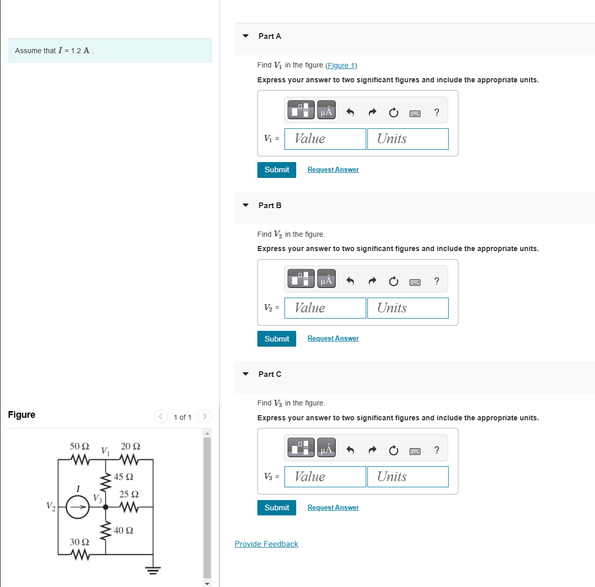 Assume that I=1.2A.What is ﻿the voltage of V1 , V2, | Chegg.com