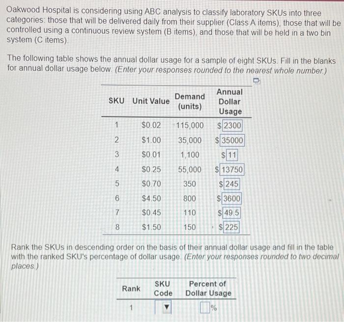 Solved Oakwood Hospital is considering using ABC analysis to | Chegg.com