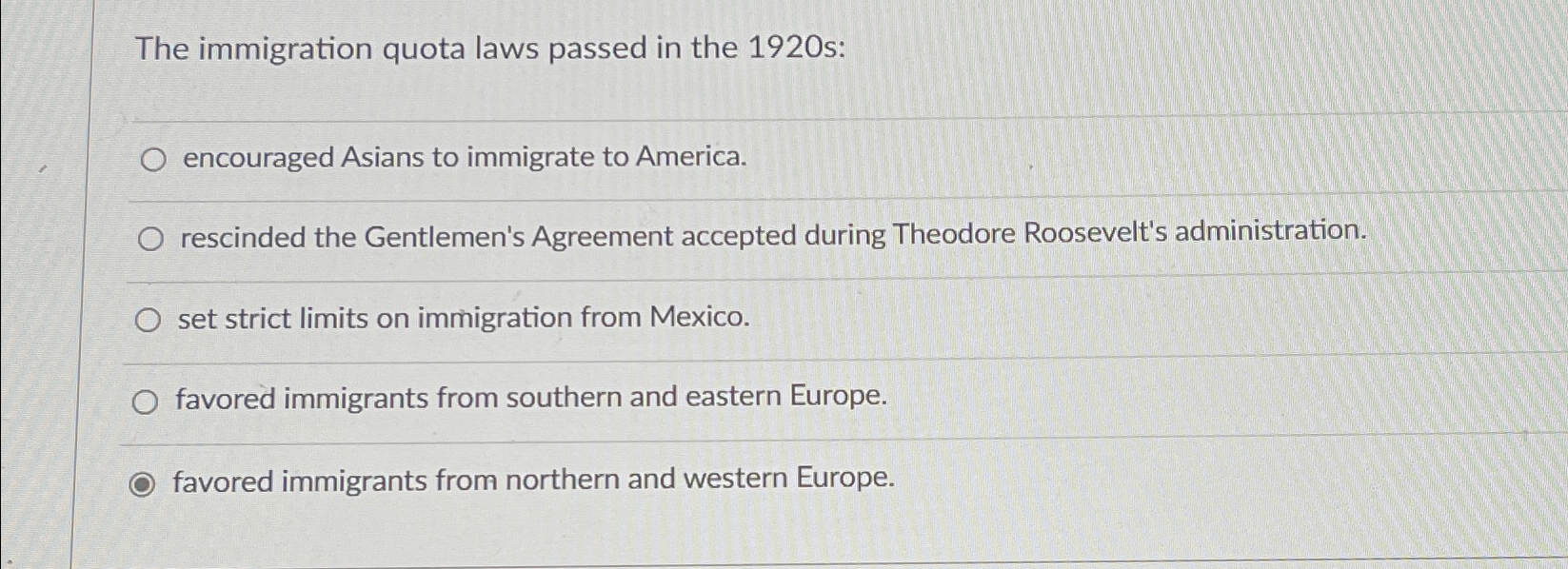 Solved The immigration quota laws passed in the | Chegg.com