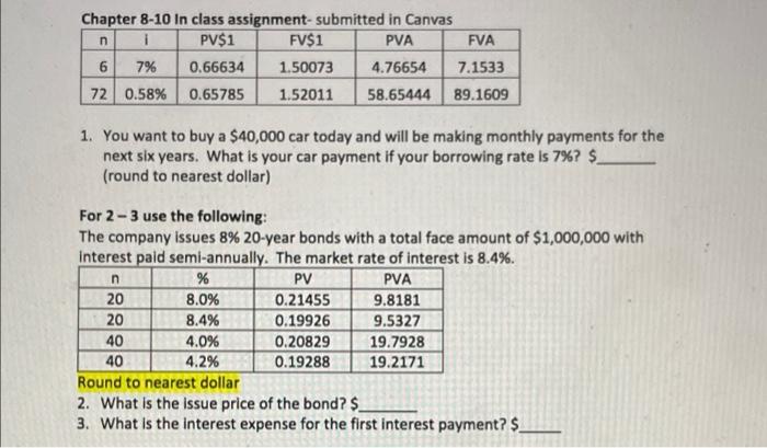 Solved Chapter 8-10 In class assignment- submitted in Canvas | Chegg.com
