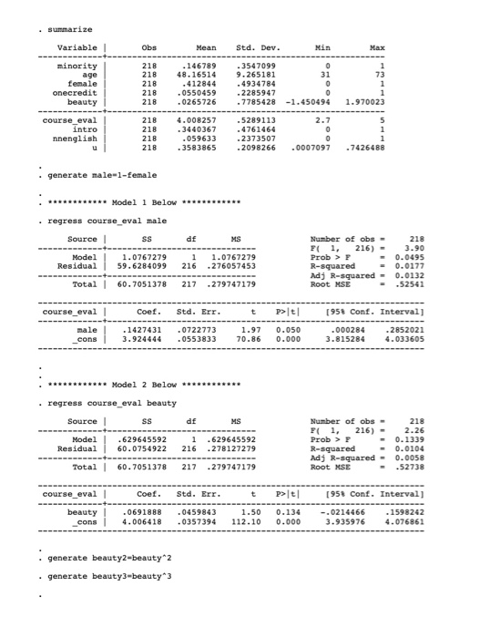 Solved Summarize Variable Obs Mean Std Dev Minority Age 2505