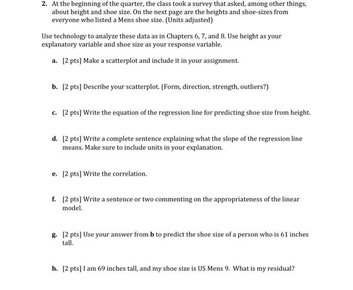 Solved about height and shoe size. On the next page are the | Chegg.com