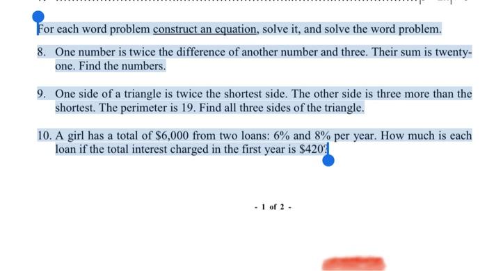 For each word problem construct an equation, solve | Chegg.com