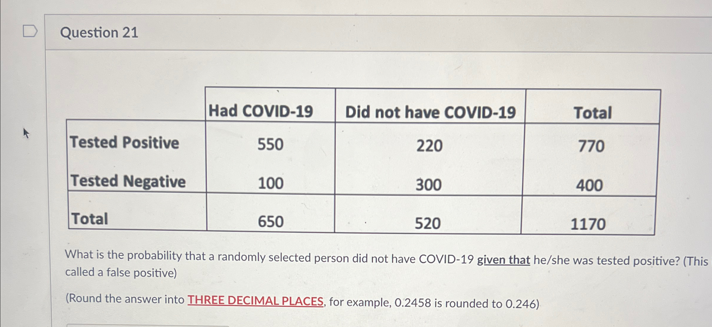 Solved Question 21\table[[,Had COVID-19,Did not have | Chegg.com