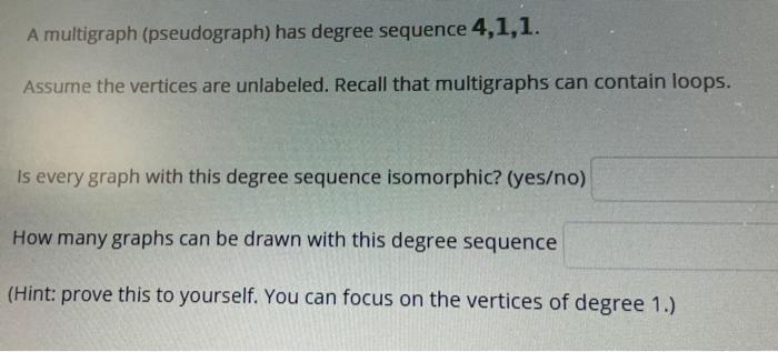 Solved A multigraph (pseudograph) has degree sequence 4,1,1. | Chegg.com