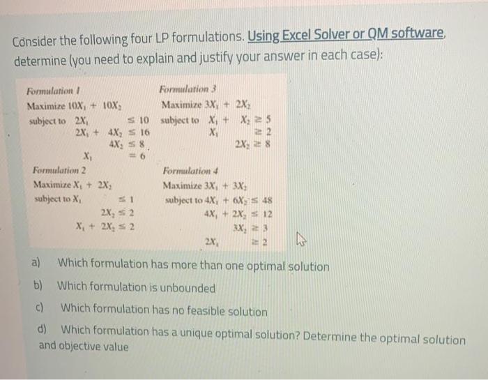 Solved Consider the following four LP formulations. Using | Chegg.com