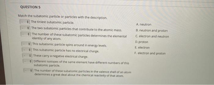 Solved QUESTIONS Match the subatomic particle or particles | Chegg.com