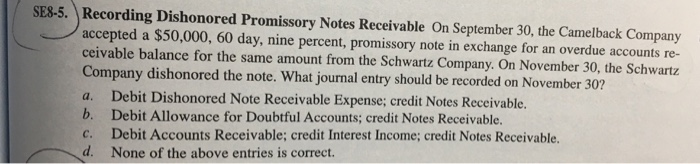 Solved SE8-5. Recording Dishonored Promissory Notes | Chegg.com