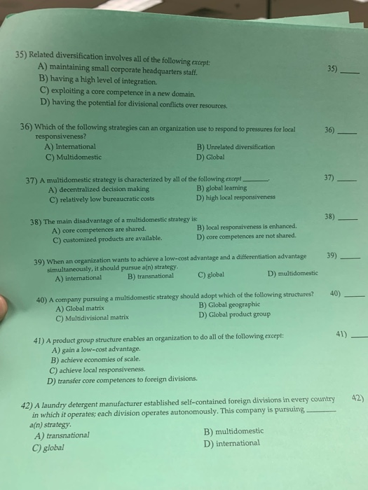 Solved 35) Related diversification involves all of the | Chegg.com