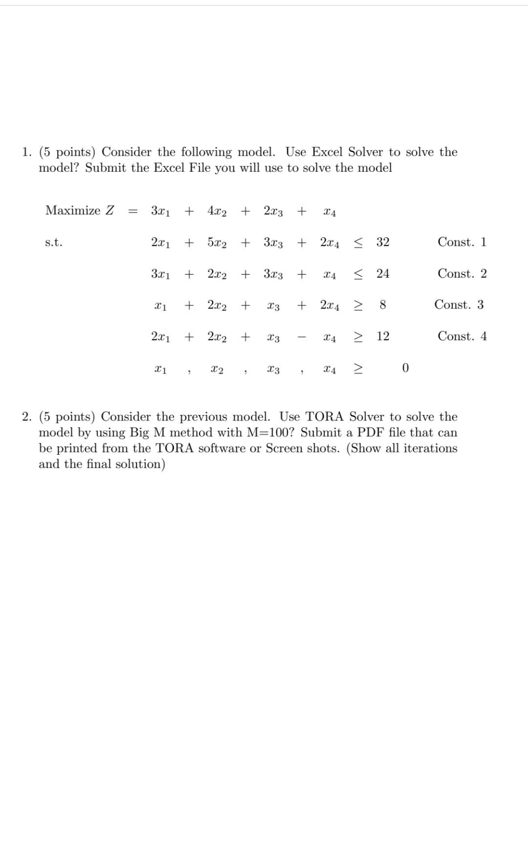 Solved 1. (5 points) Consider the following model. Use Excel | Chegg.com