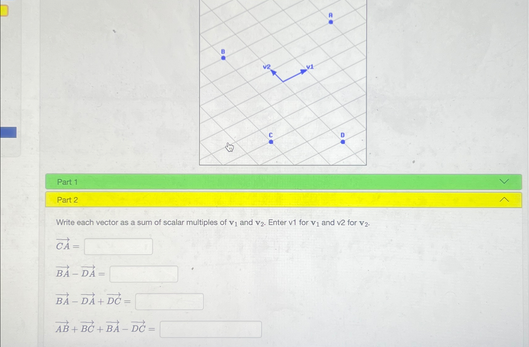 Part 1\\nPart 2\\nWrite each vector as a sum of | Chegg.com