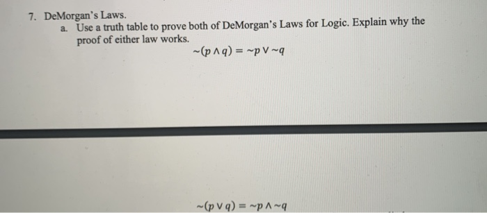 Solved 7. DeMorgan's Laws. a. Use a truth table to prove | Chegg.com