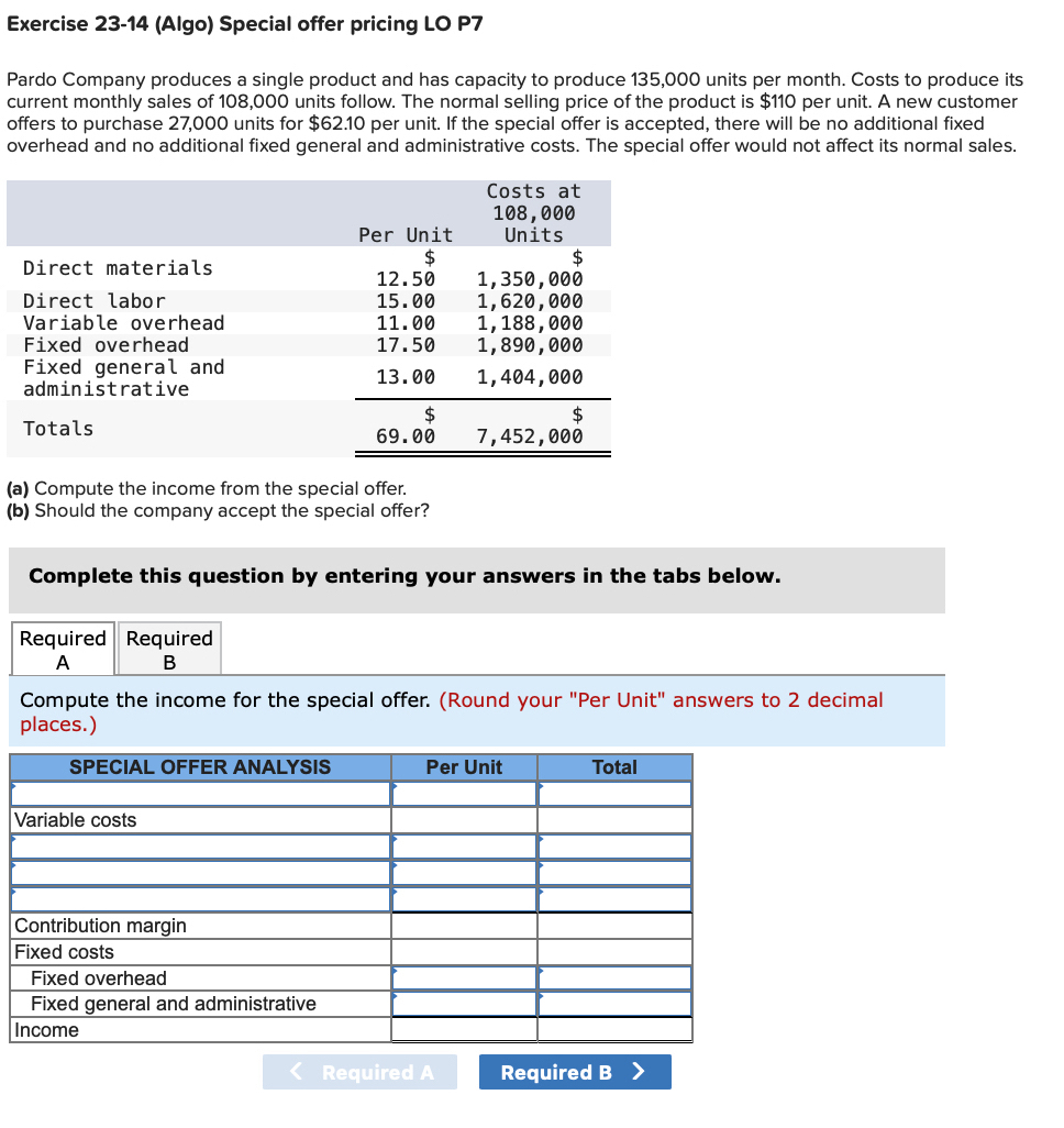 Solved Exercise 23-14 (Algo) ﻿Special offer pricing LO | Chegg.com