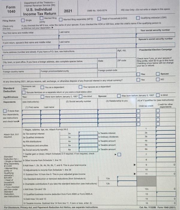 Solved Please fill out form 1040 page 1 and 2, and svheduel | Chegg.com