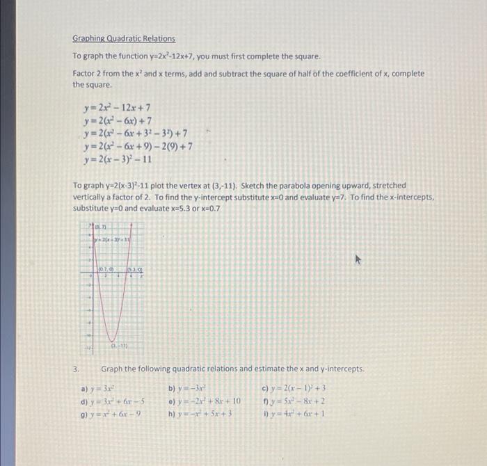Solved Graphing Quadratic Relations To graph the function | Chegg.com