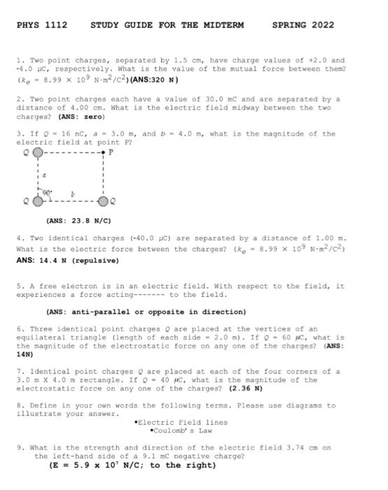 Solved PHYS 1112 STUDY GUIDE FOR THE MIDTERM 2 SPRING 2022 | Chegg.com
