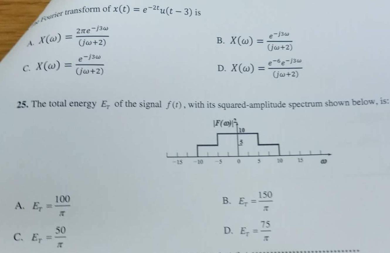 Solved Furier transform of x(t)=e−2tu(t−3) is A. | Chegg.com