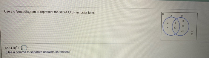 Solved Use the Venn diagram to represent the set (AUB)' in | Chegg.com